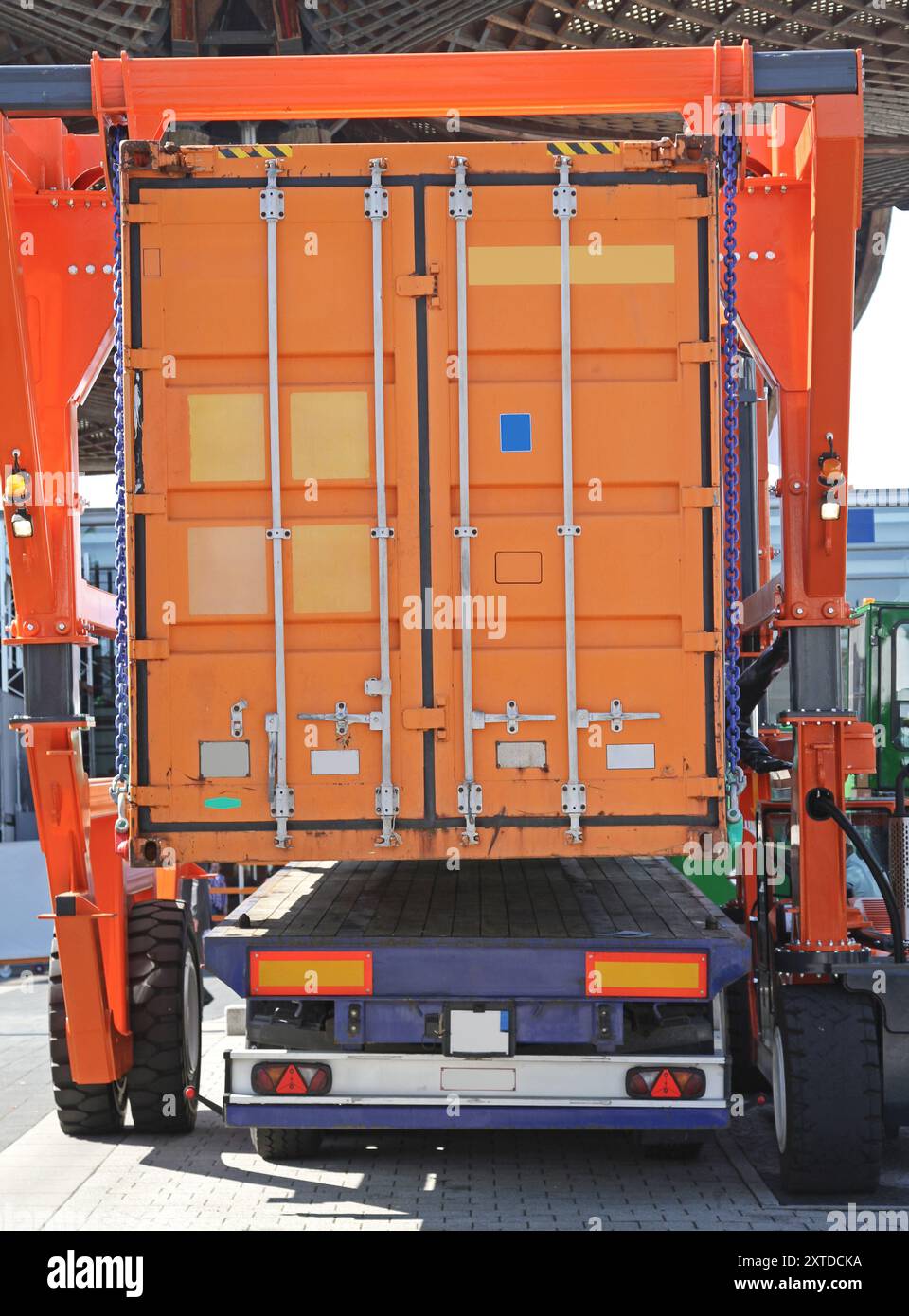 Lifting Orange Shipping Container From Cargo Truck Trailer Logistics ...