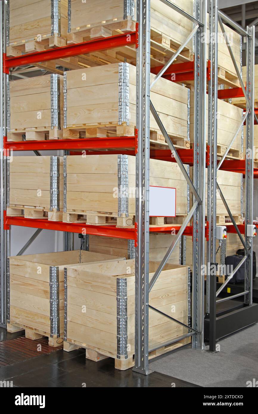 Wooden Shipping Pallet Boxes in Warehouse With Movable Shelving System ...