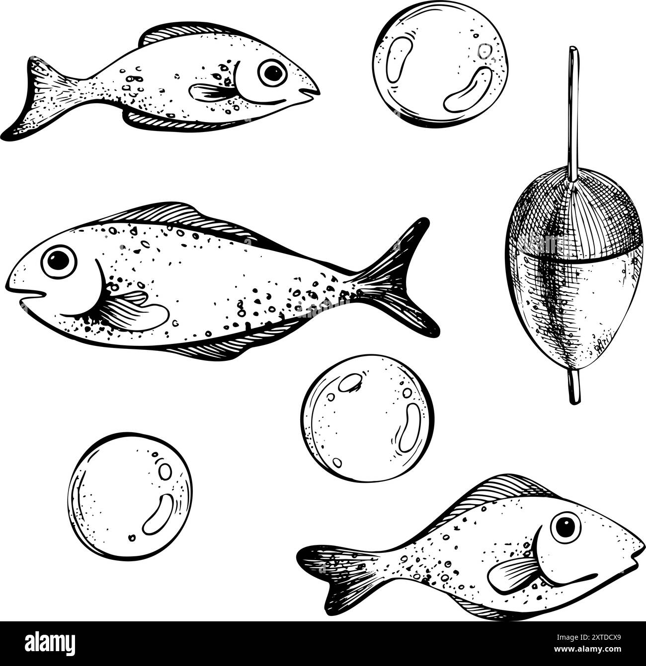 Simple different fish with fishing float and water bubbles. Graphic ...