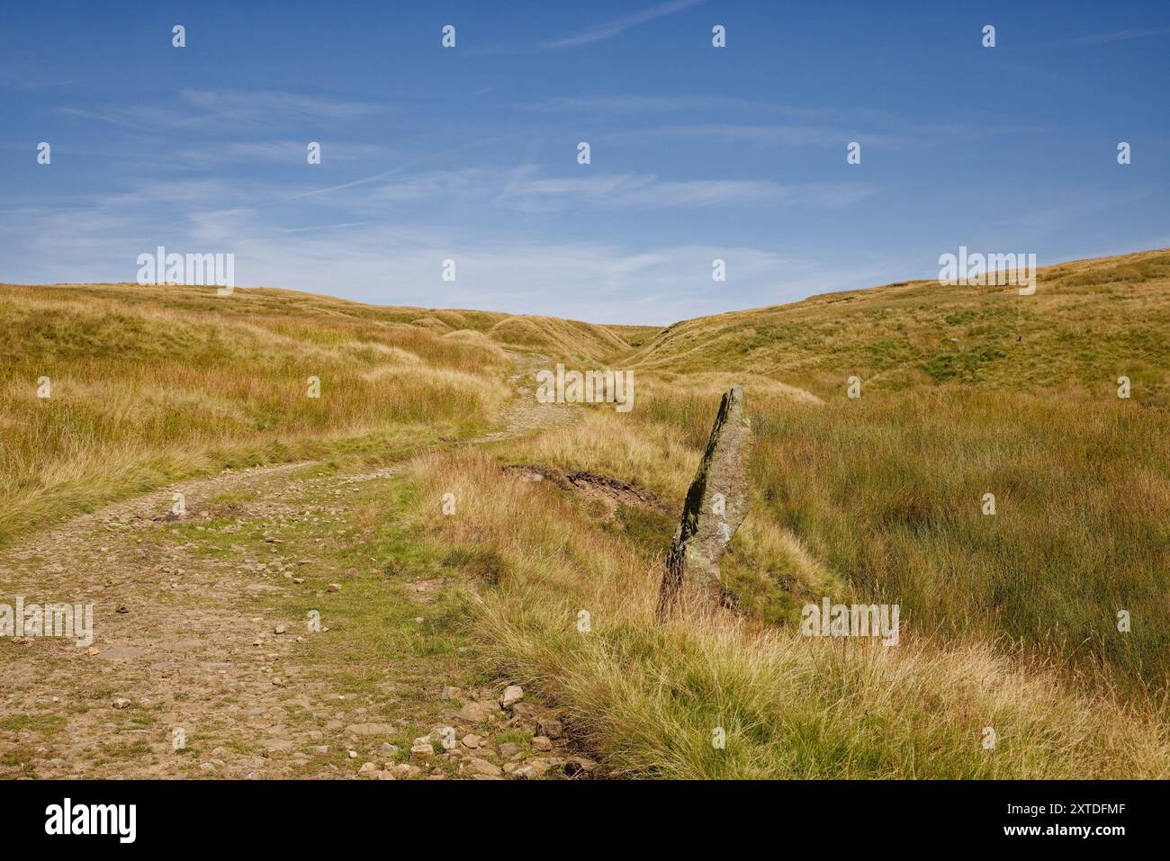 Path in the West Pennine Moors snakes around an old stone gatepost ...