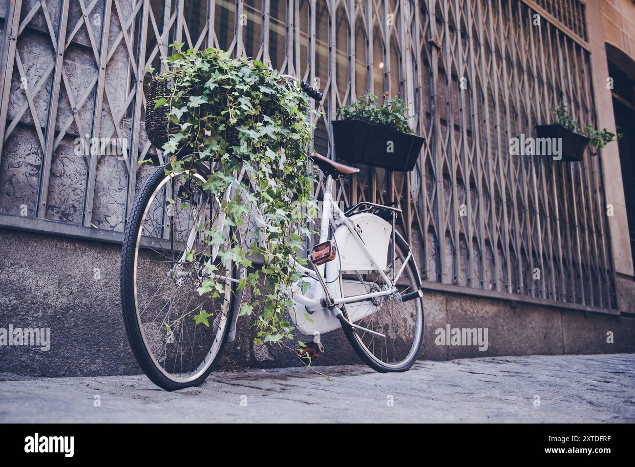 Old bike resting on the wall in retro style Stock Photo - Alamy