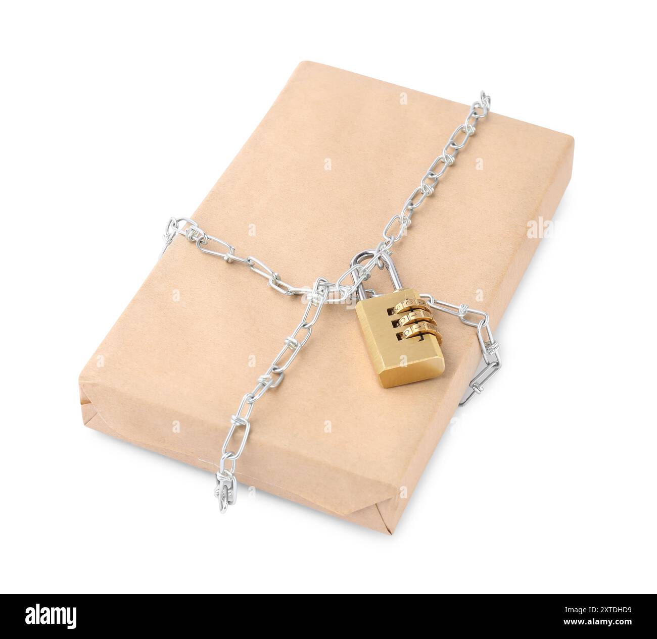 One parcel with chain and padlock isolated on white Stock Photo - Alamy