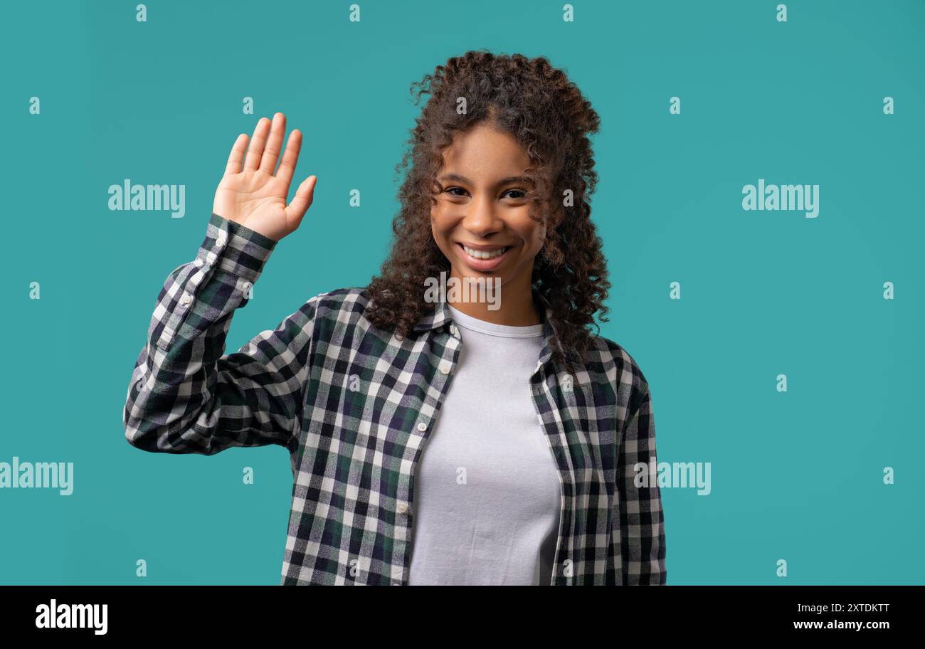 Friendly african eoman waving hand - Hello, Hi, Salute. Greetings on ...