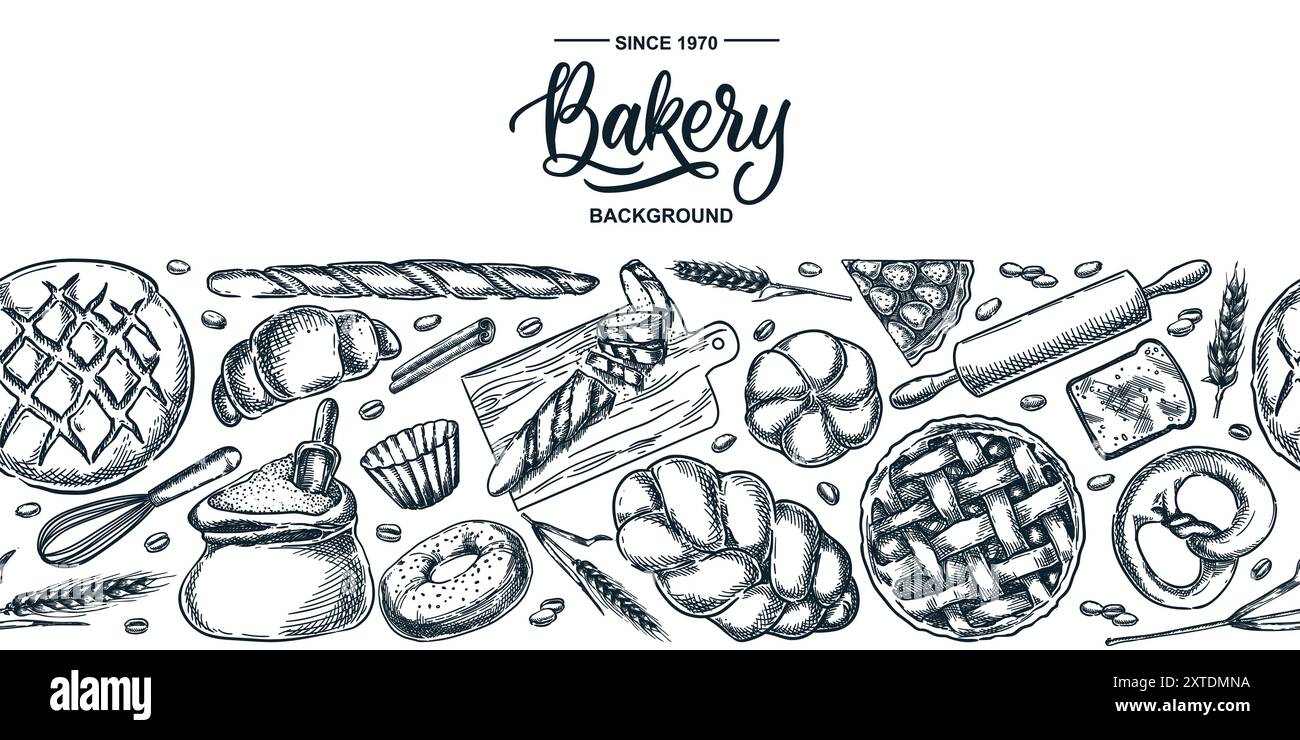 Fresh pastry seamless horizontal background. Vector hand drawn sketch ...