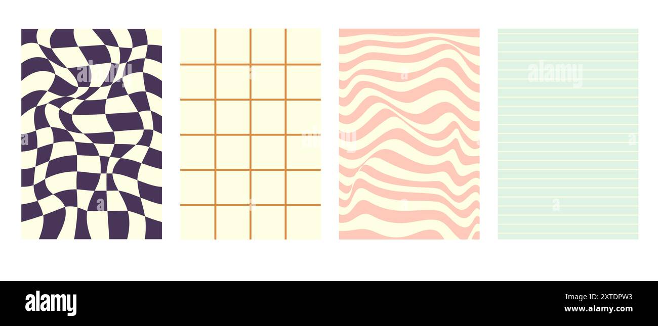 Set of psychedelic checkered and wavy patterns in vintage aesthetic ...