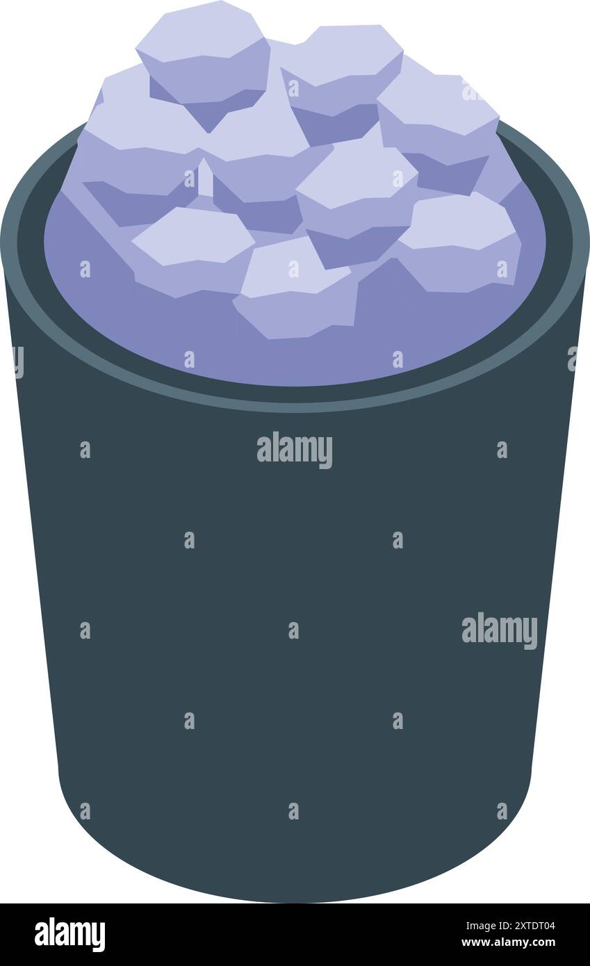 Metal ice bucket filled with ice cubes for cooling beverages, isometric ...