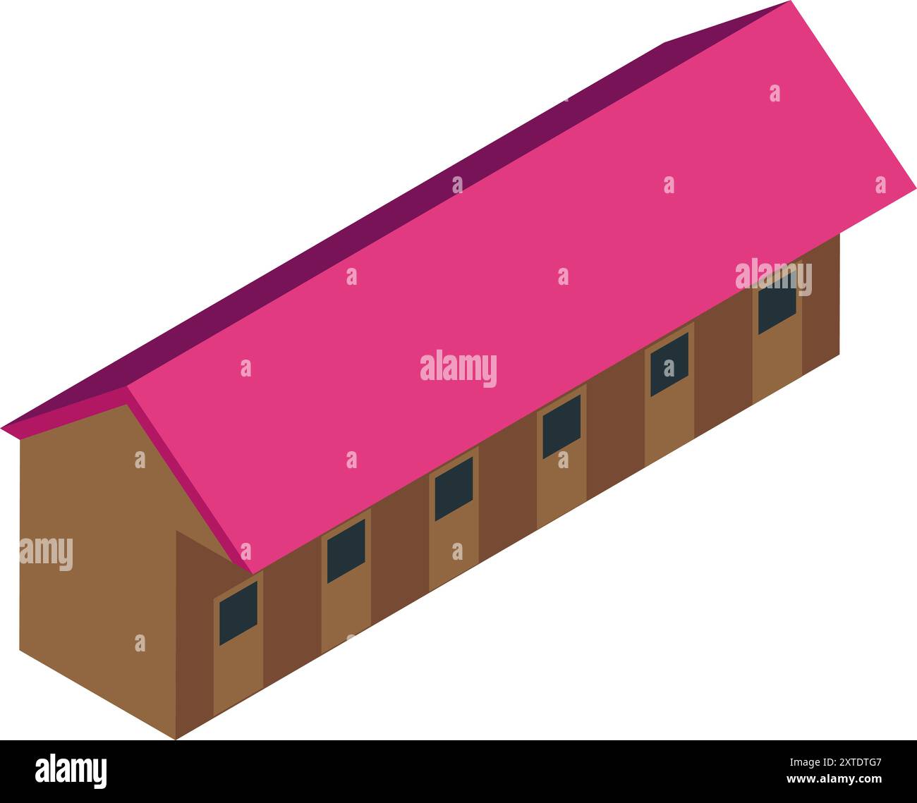 Isometric illustration of a long stable building with a pink roof Stock ...