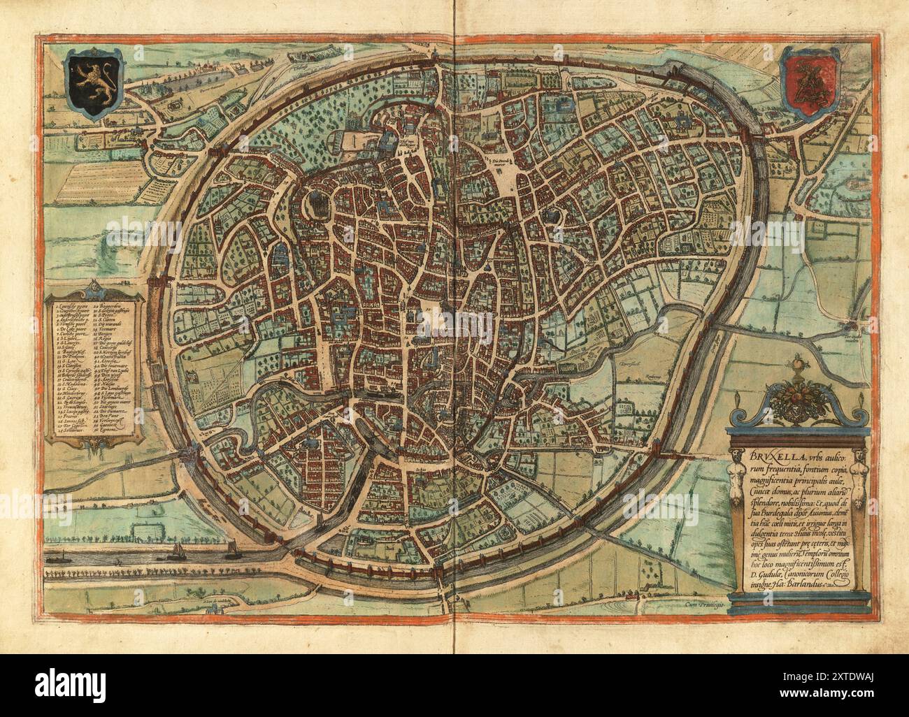 Plan map of Brussels, Belgium on an etching by Franz Hogenberg circa ...