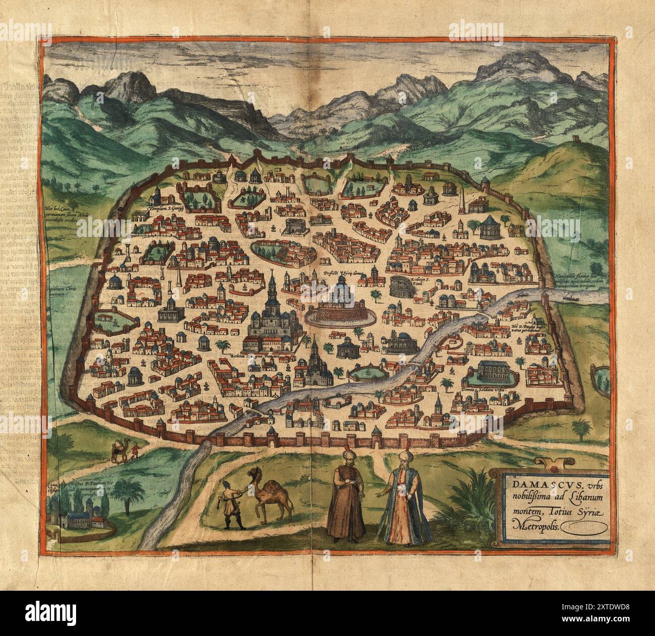 Plan map of Damascus, Syria on an etching by Franz Hogenberg circa 1575 ...