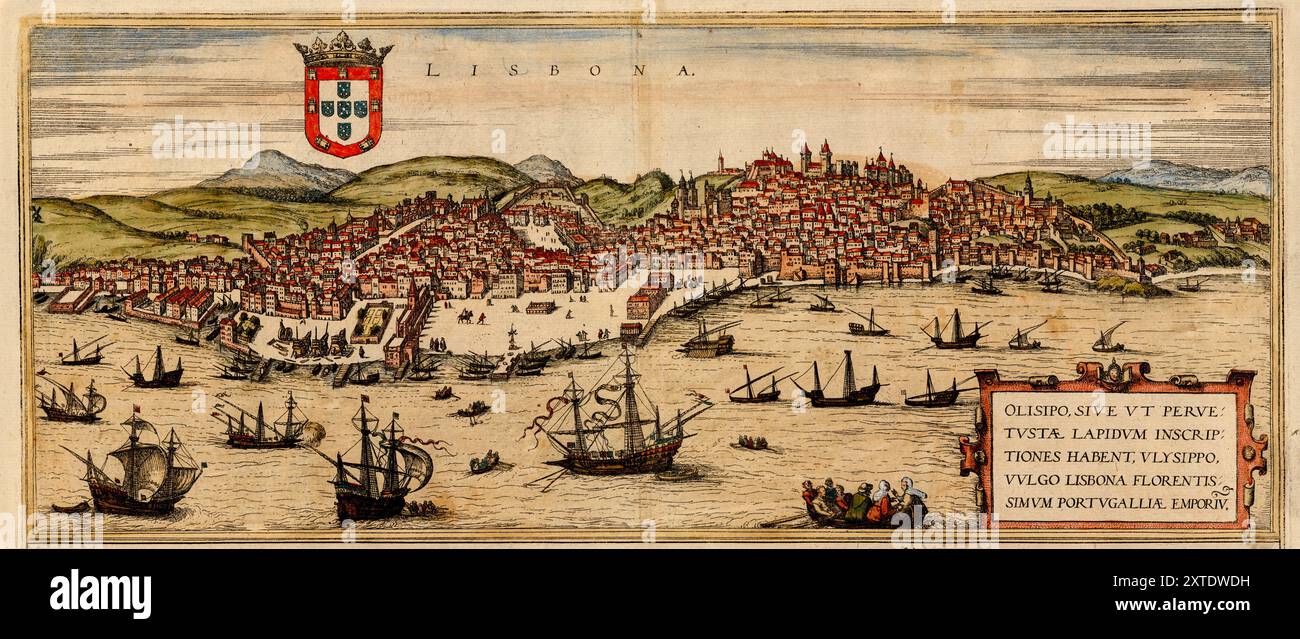 Nice old color example of this decorative views of Lisbon, Portugal by ...
