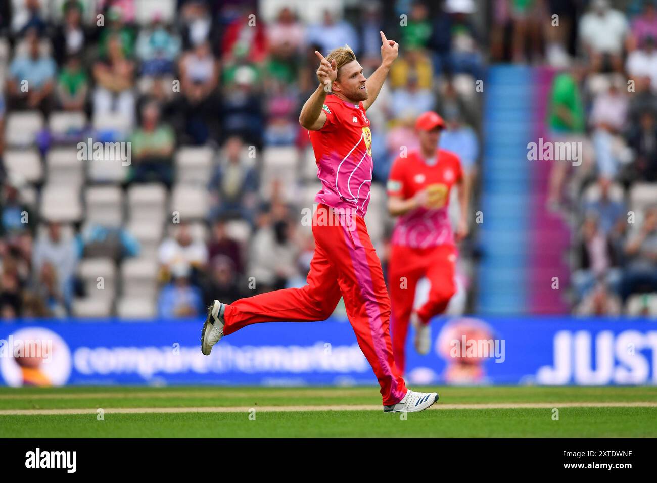 Southampton, UK. 14 August 2024. David Willey of Welsh Fire celebrates ...