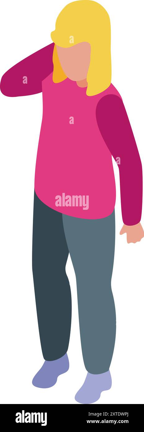 Teenage girl feeling awkward touching hair while standing isometric ...
