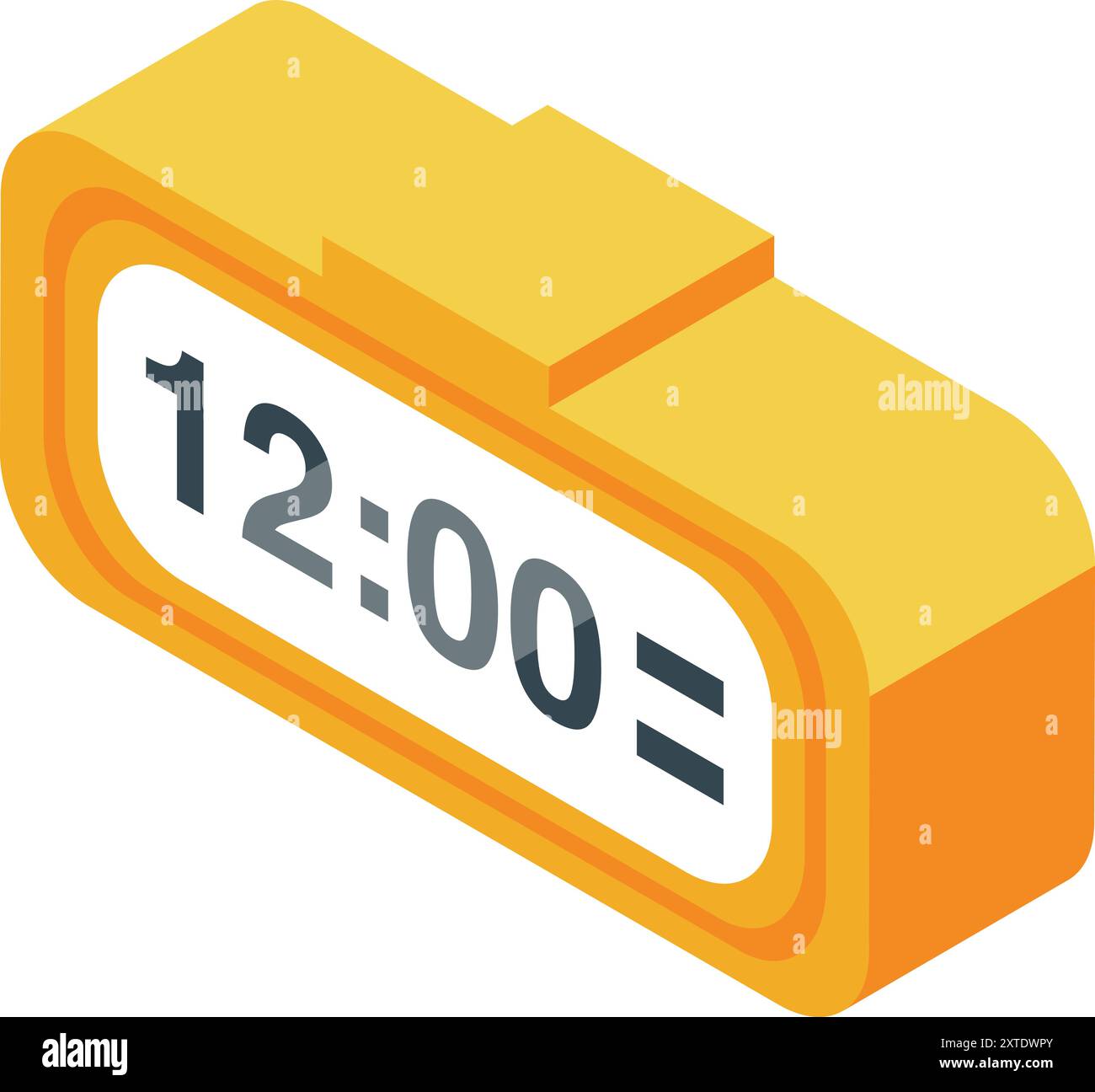 Yellow alarm clock displaying 12,00, representing midday or midnight, perfect for concepts ...