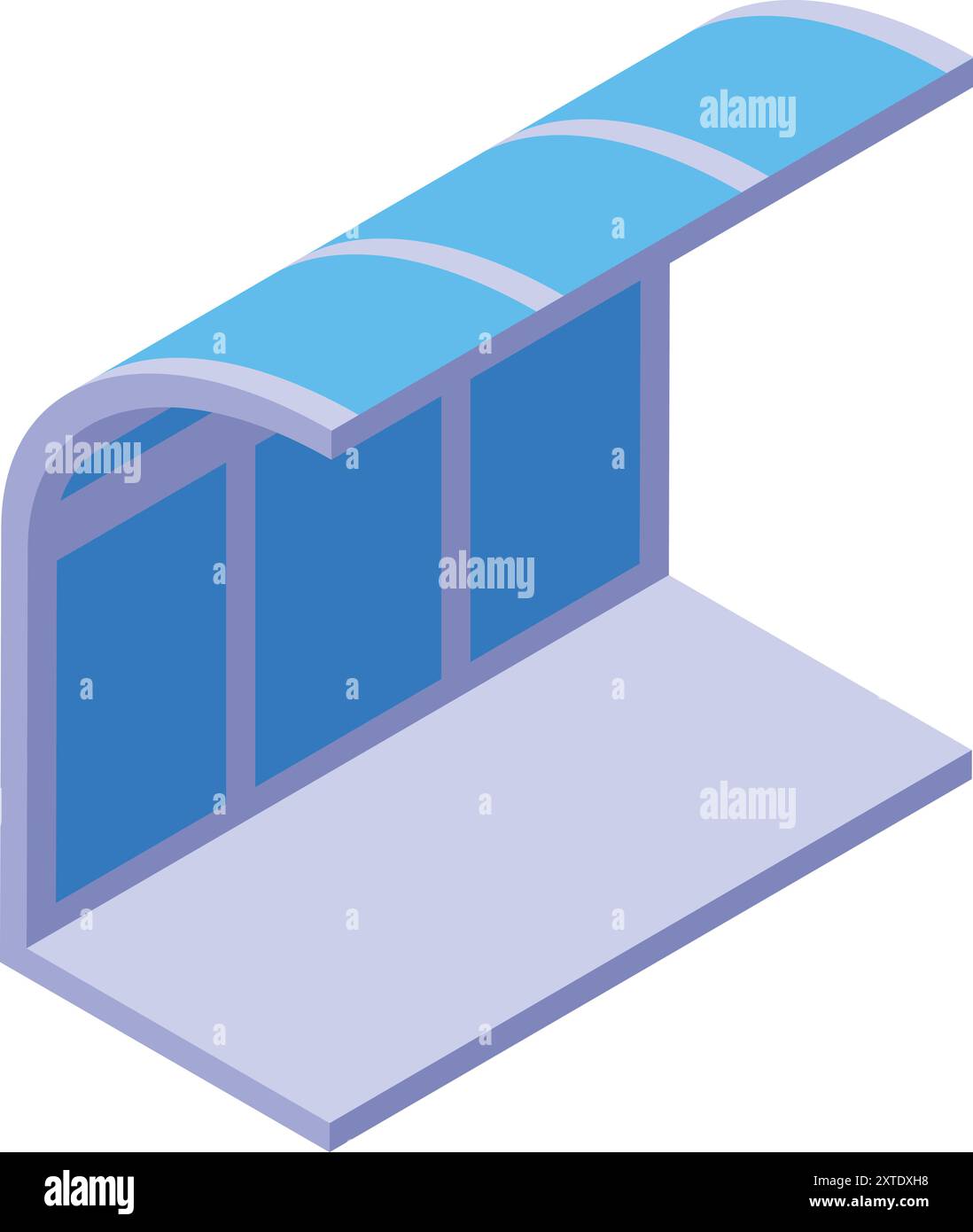 Modern bus stop with glass walls and blue roof waiting for public ...