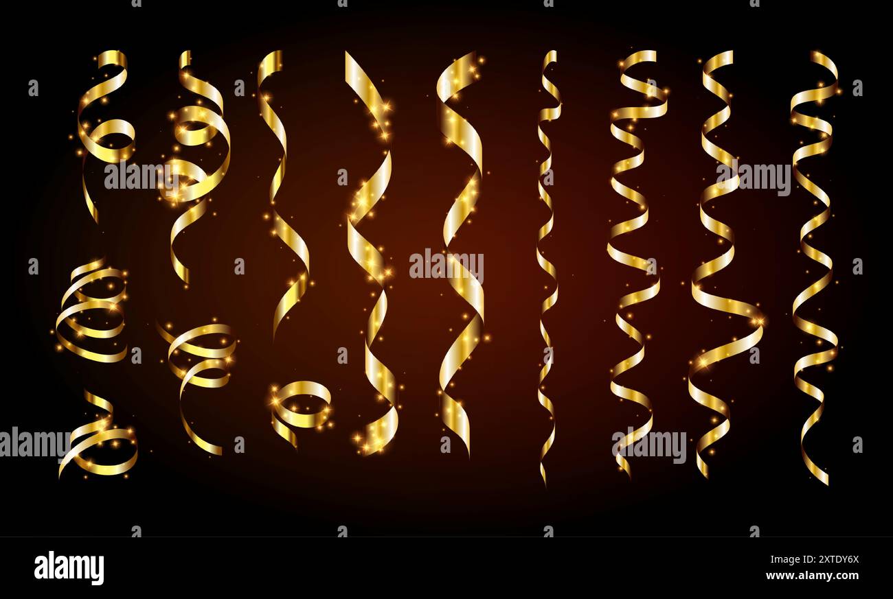 Gold confetti. Serpentine spiral ribbons. Golden luxury party decor ...