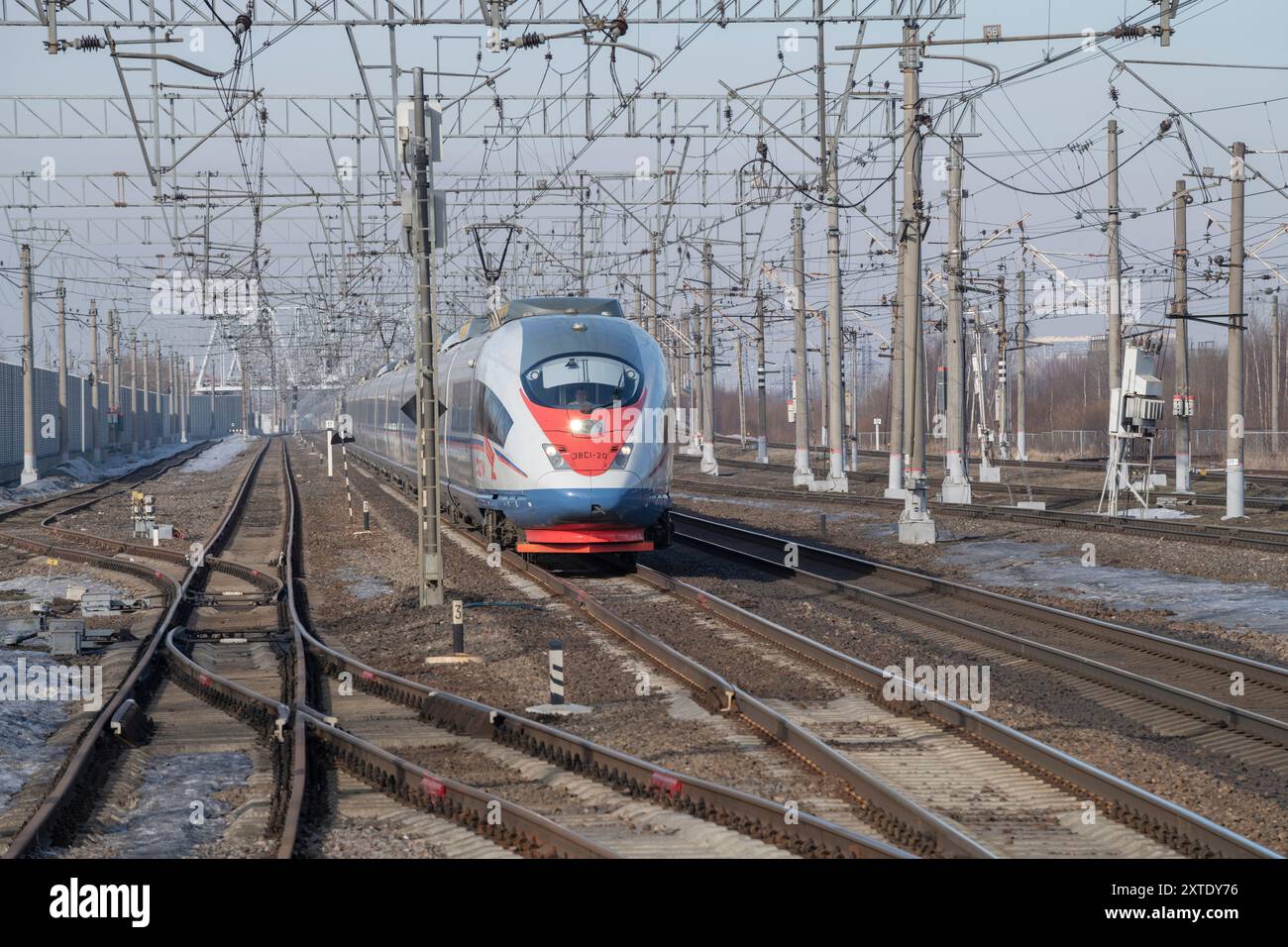 Leningrad region, Russia - MARCH 04, 2024: Approaching high-speed train ...