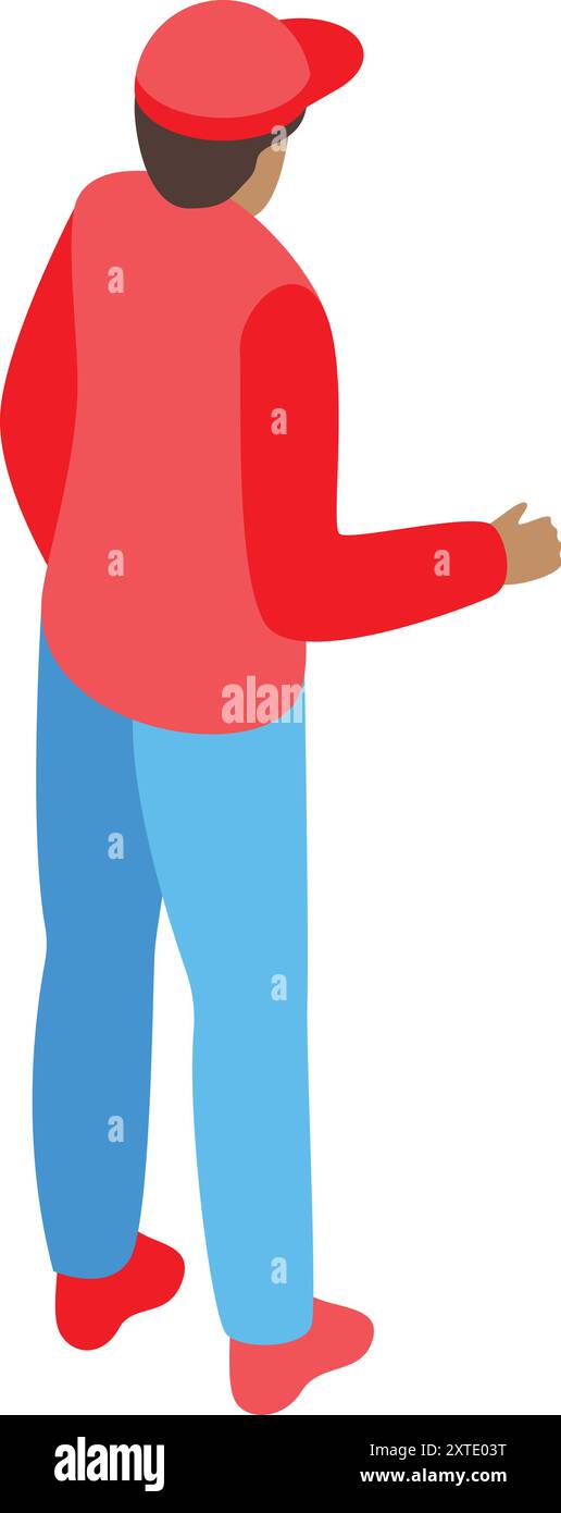 Isometric delivery service worker wearing red uniform standing with ...