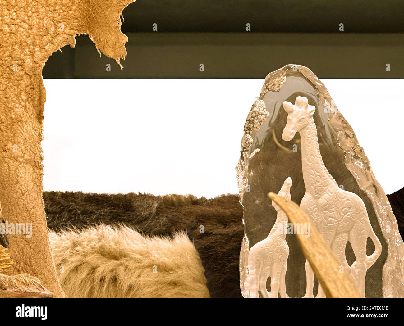 Giraffes in sculpture surrounded by animal hides & fur pelts. Isolated ...