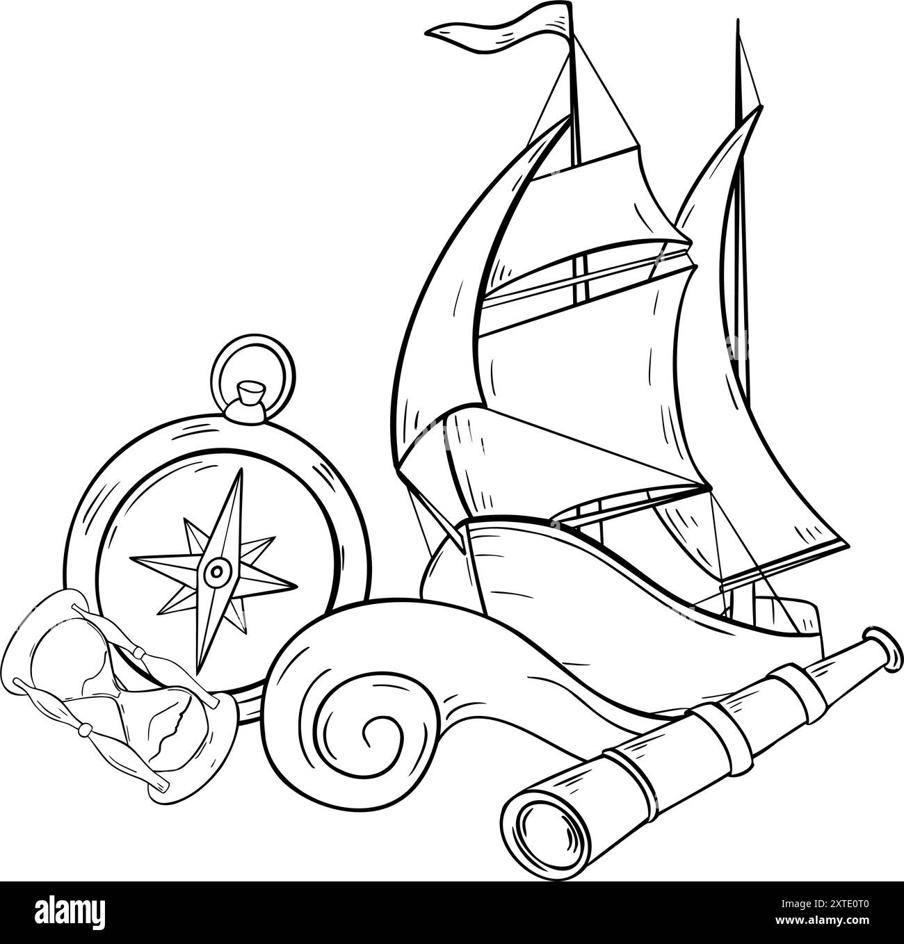 Sailing ship on curly wave black and white vector isolated. Sailing ...