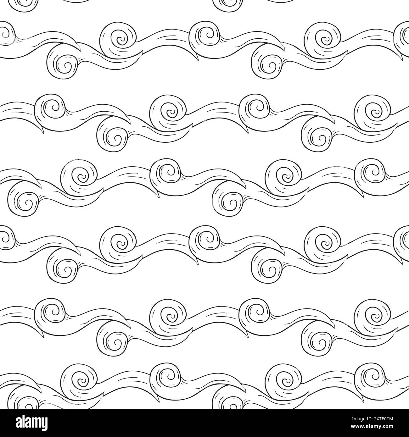 Curly blue waves black and white vector graphic seamless pattern ...