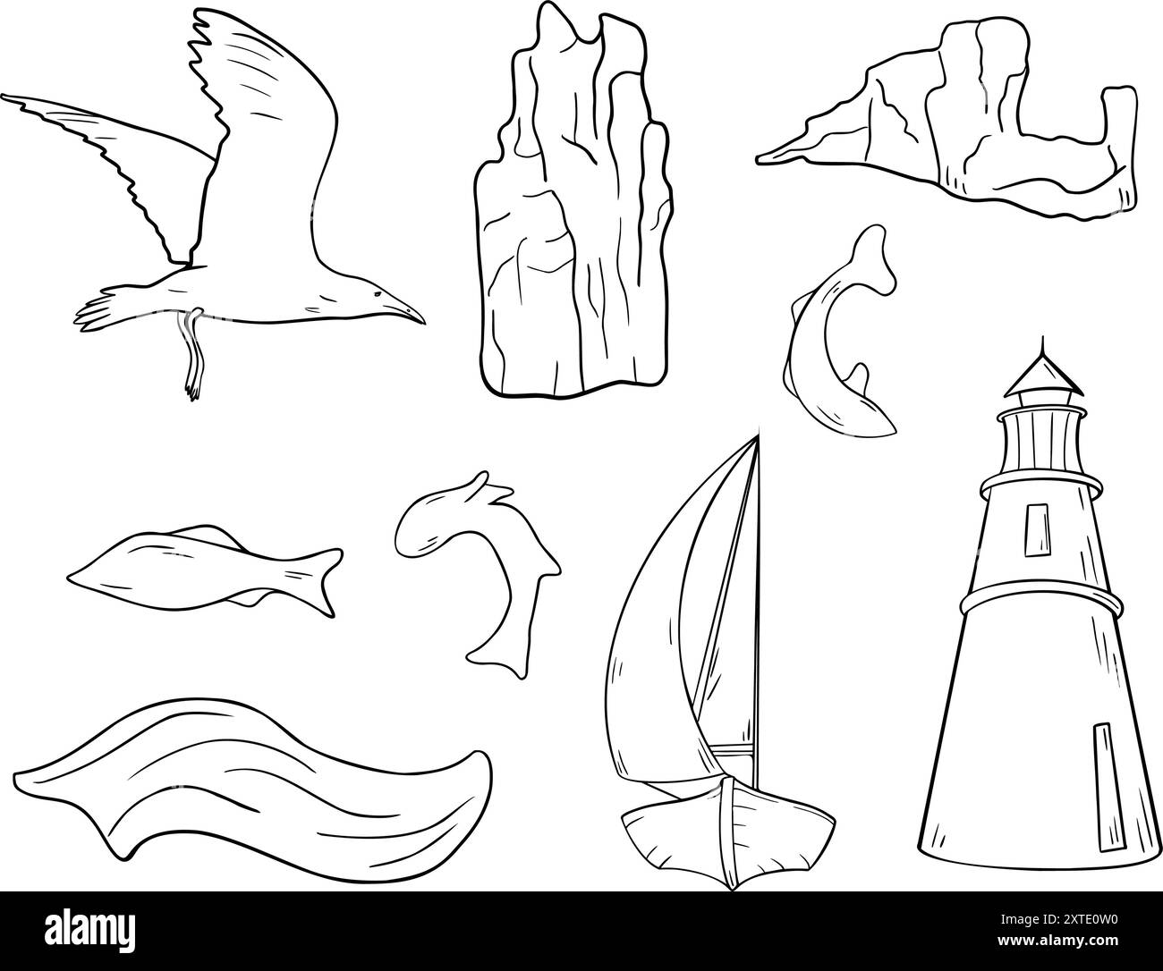 Nautical set vector graphic illustrations. Sailing ship and lighthouse ...