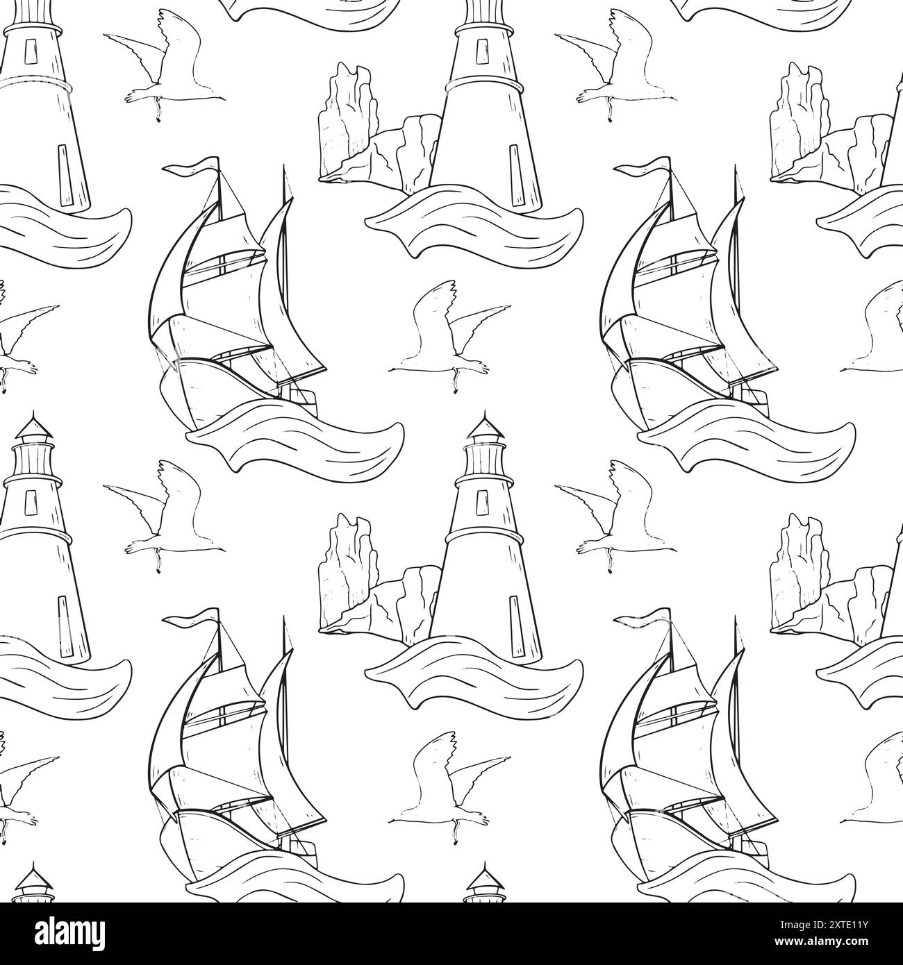 Nautical vector graphic seamless pattern of sailing ship on wave ...