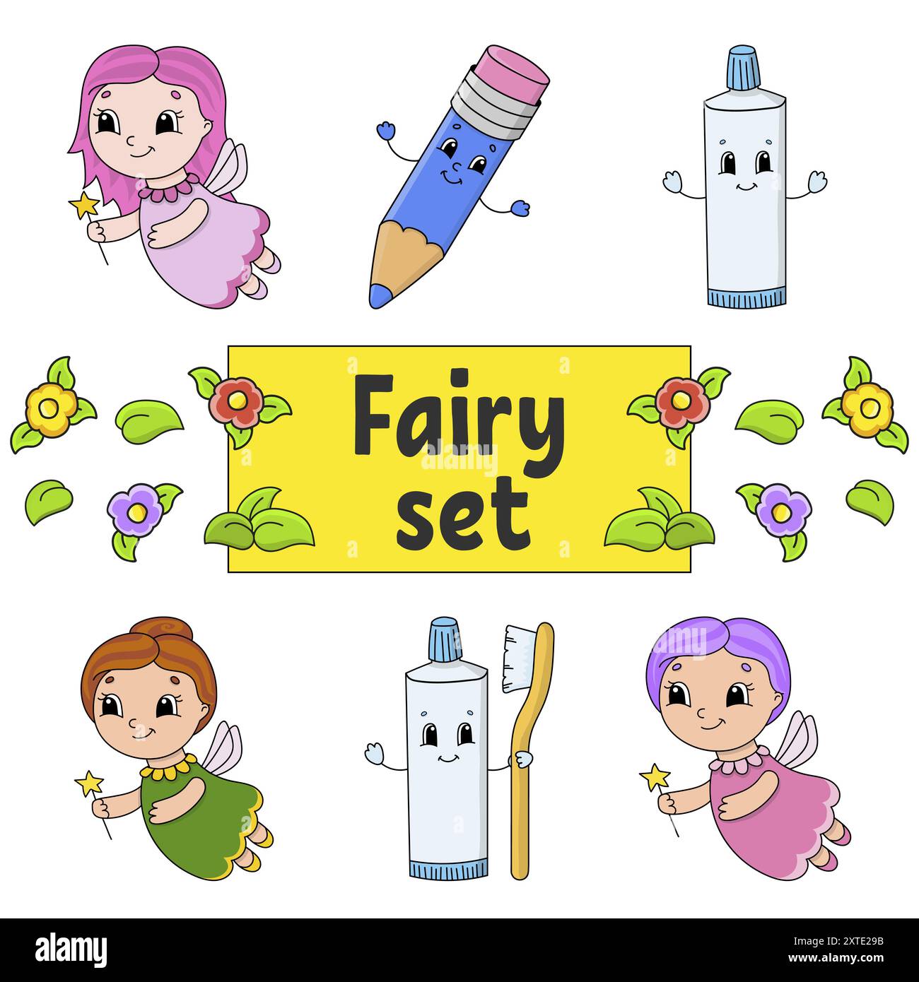 Set of stickers with cute cartoon characters. Hand drawn. Colorful pack ...