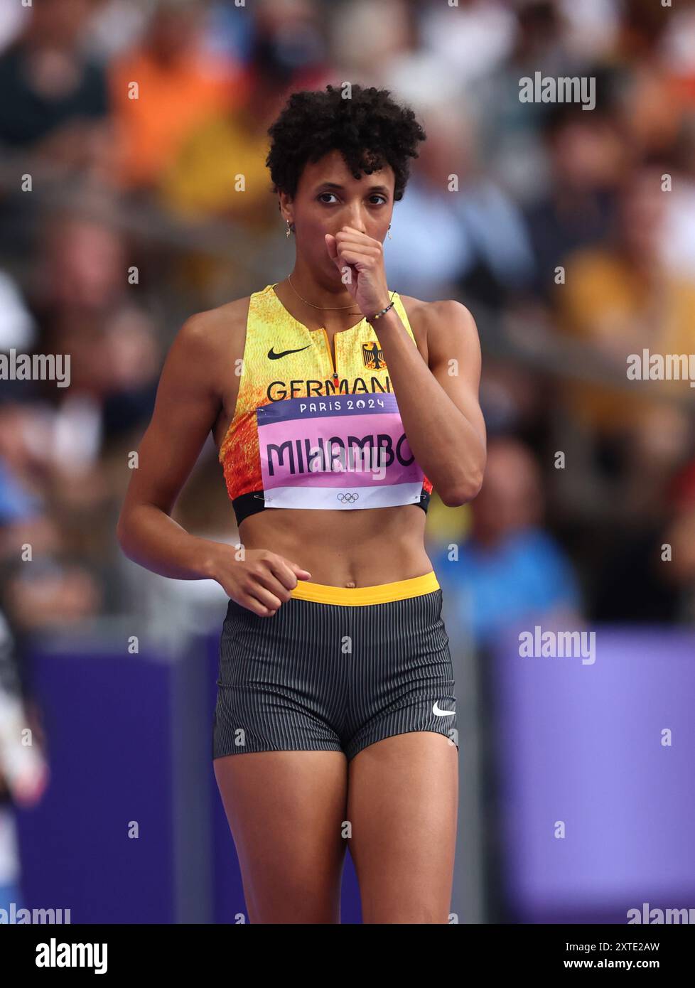PARIS, FRANCE - AUGUST 08: Malaika Mihambo of Germany looks on in the ...