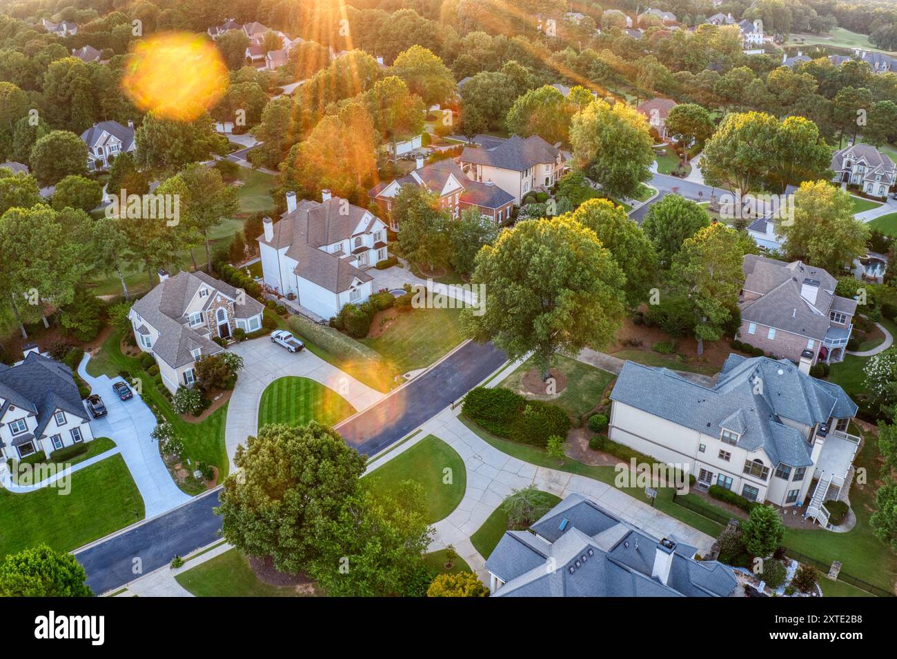 Aerial view of an upscale subdivision in suburbs of USA shot in HDR ...