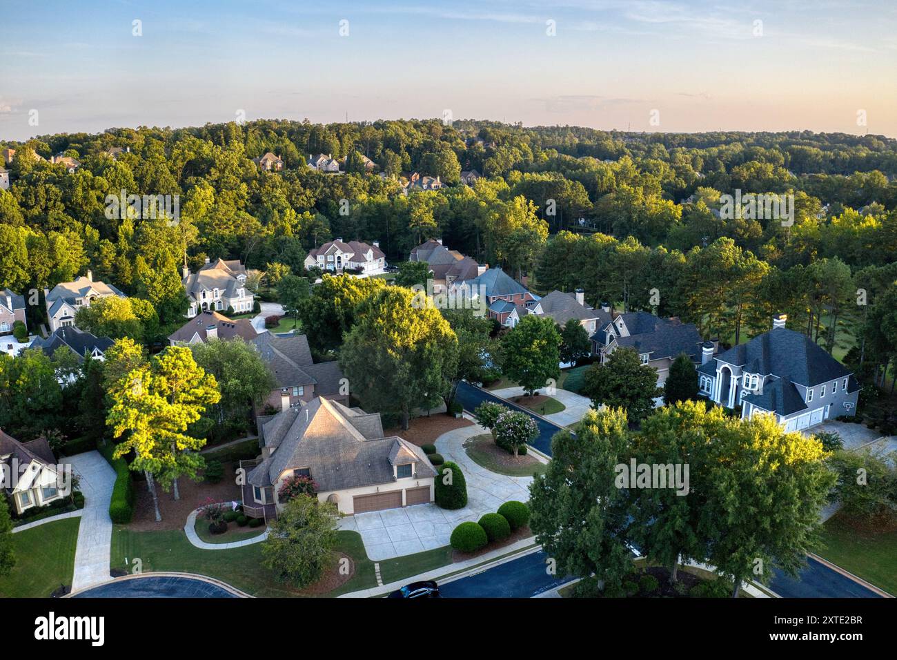 Aerial view of an upscale subdivision in suburbs of USA shot in HDR ...