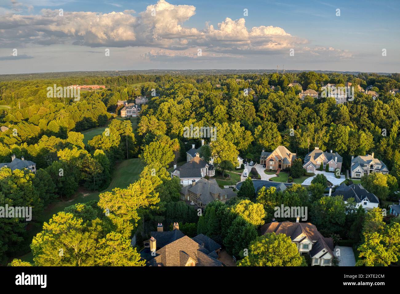 Aerial view of an upscale subdivision in suburbs of USA shot in HDR ...
