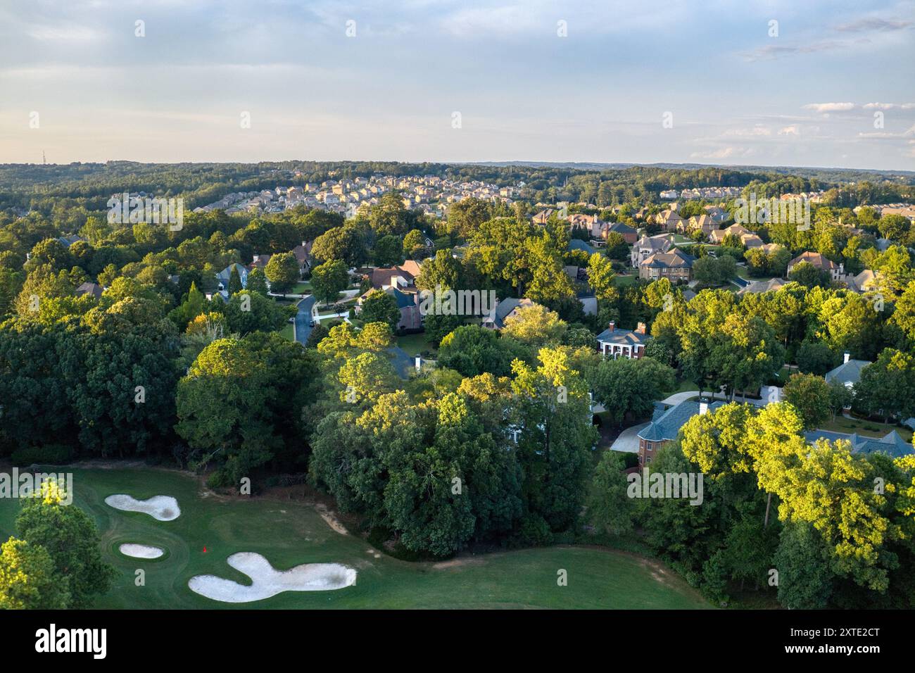 Aerial view of an upscale subdivision in suburbs of USA shot in HDR ...