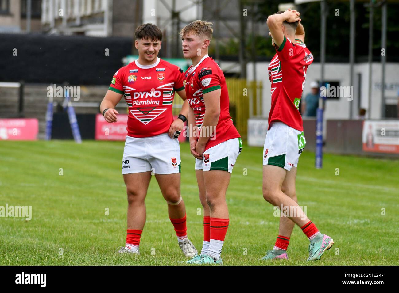 Neath, Wales. 3 August 2024. Morgan Marozzelli, Finlay Walker and Ralf Roberts of Wales during ...