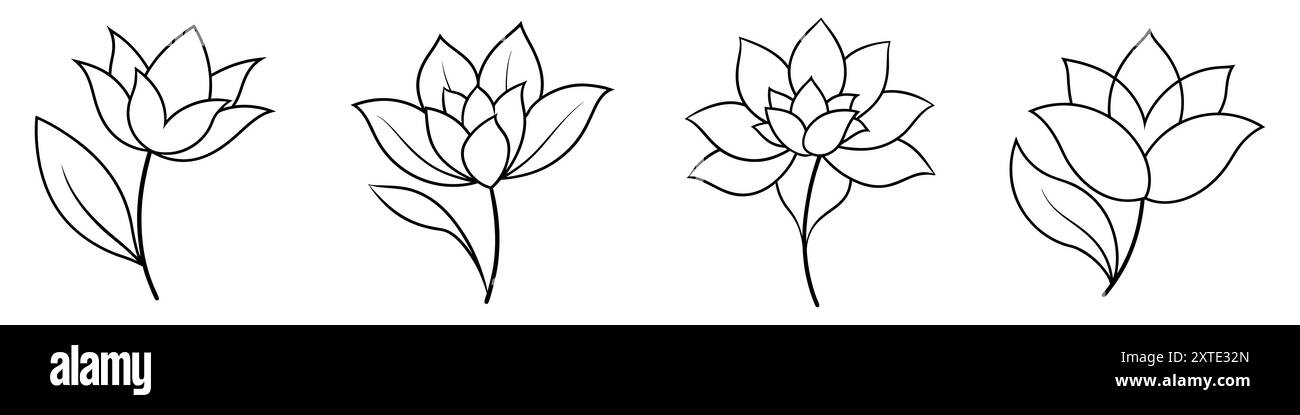 Flower icon. Set of drawn flowers with leaves. Linear flowers. Vector ...