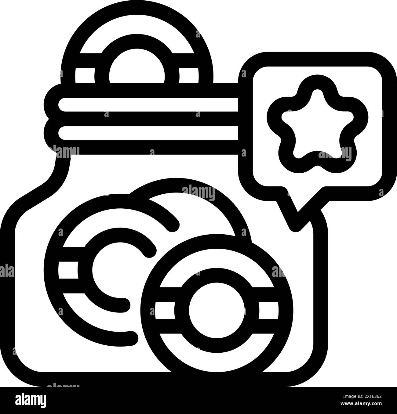 Line art icon of a glass jar full of golden coins with a five star ...