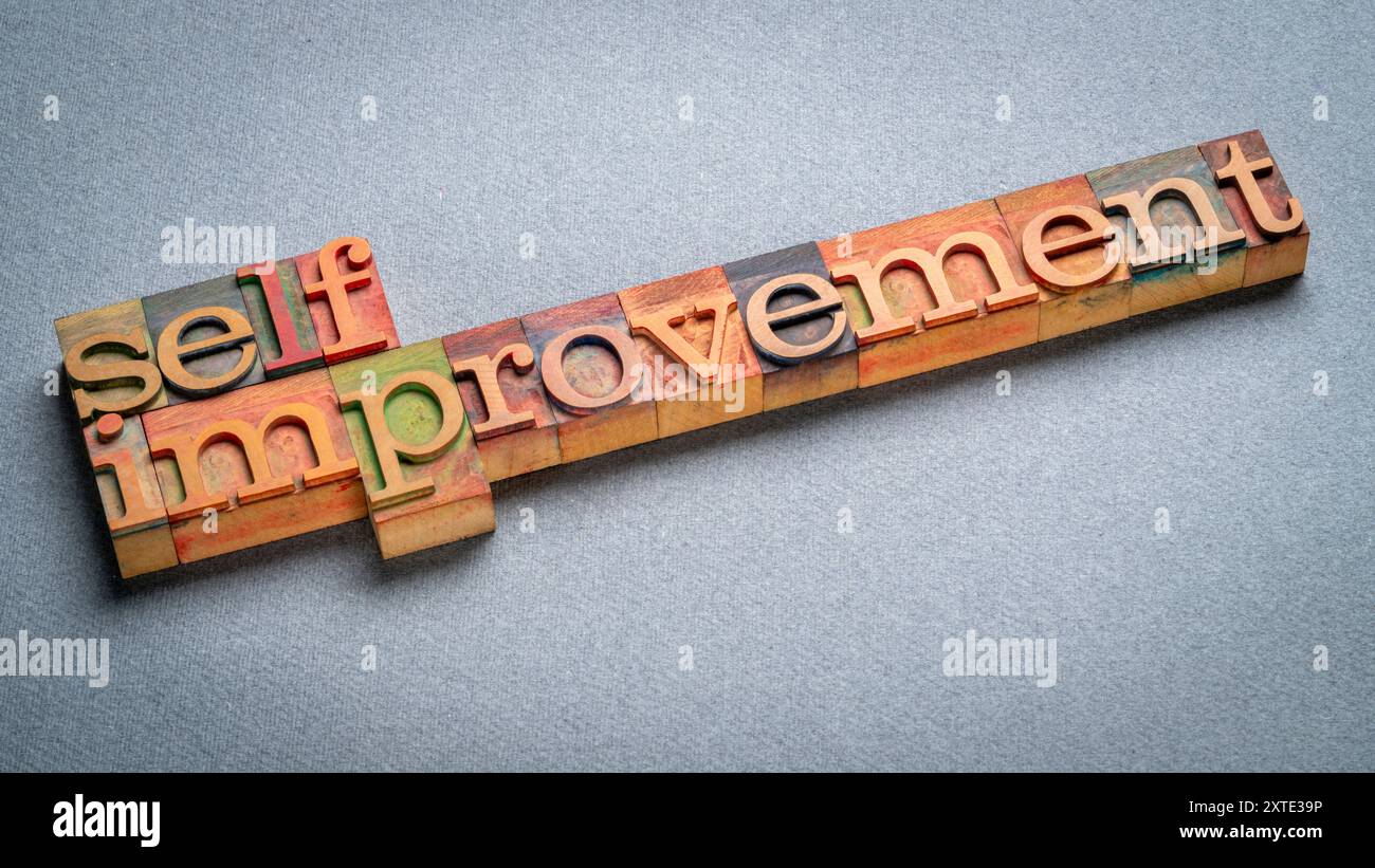 self improvement, words in retro letterpress wood type, personal ...