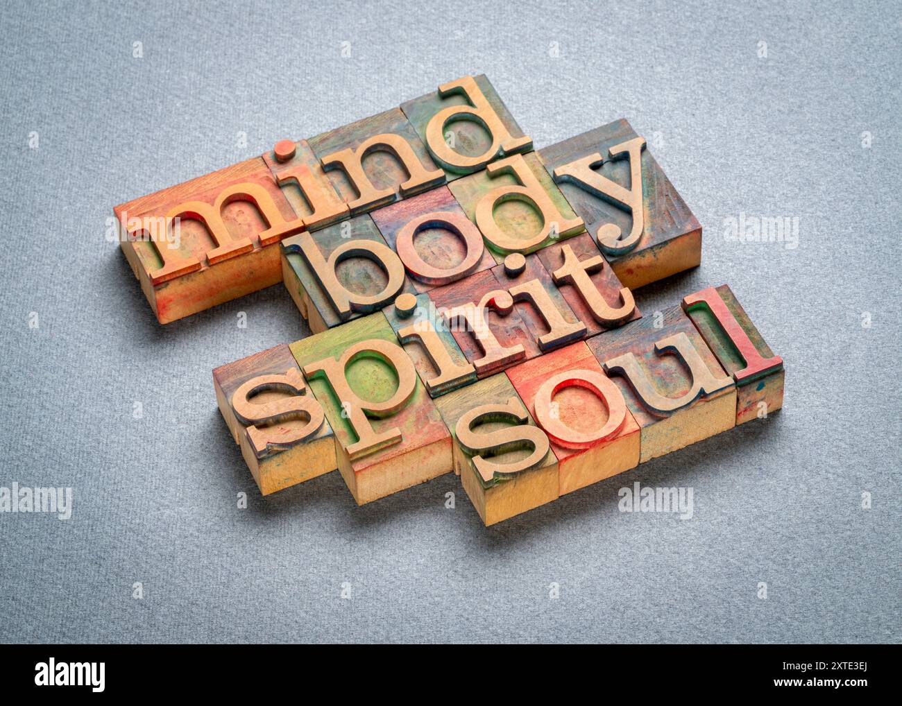 mind, body spirit and soul word abstract in letterpress wood type ...