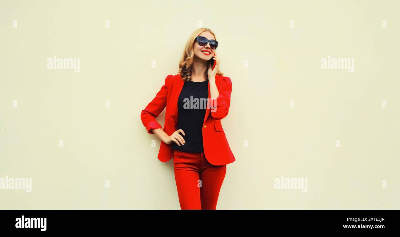 Portrait of beautiful elegant lady woman calling on smartphone wearing ...