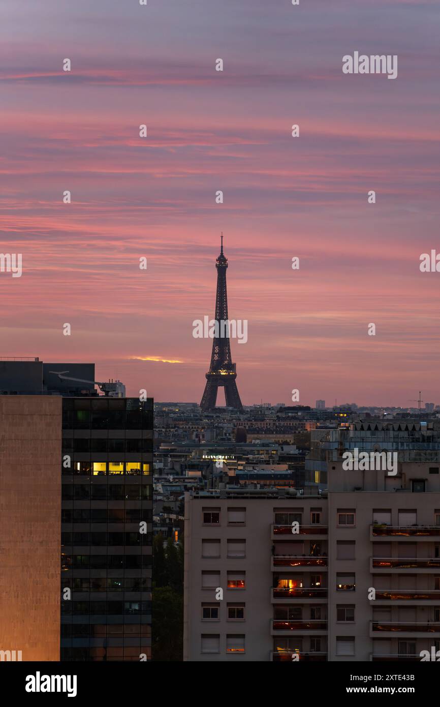 Distant view of Eiffel Tower in morning hour with Paris city skyline ...