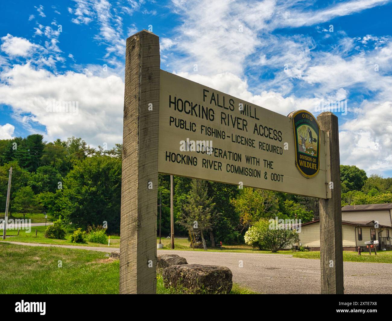Falls Mills sign near the Hocking River , Logan Ohio. Part of the ...