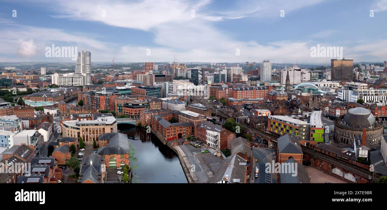 An aerial panoramic cityscape of Leeds city centre with shopping and ...
