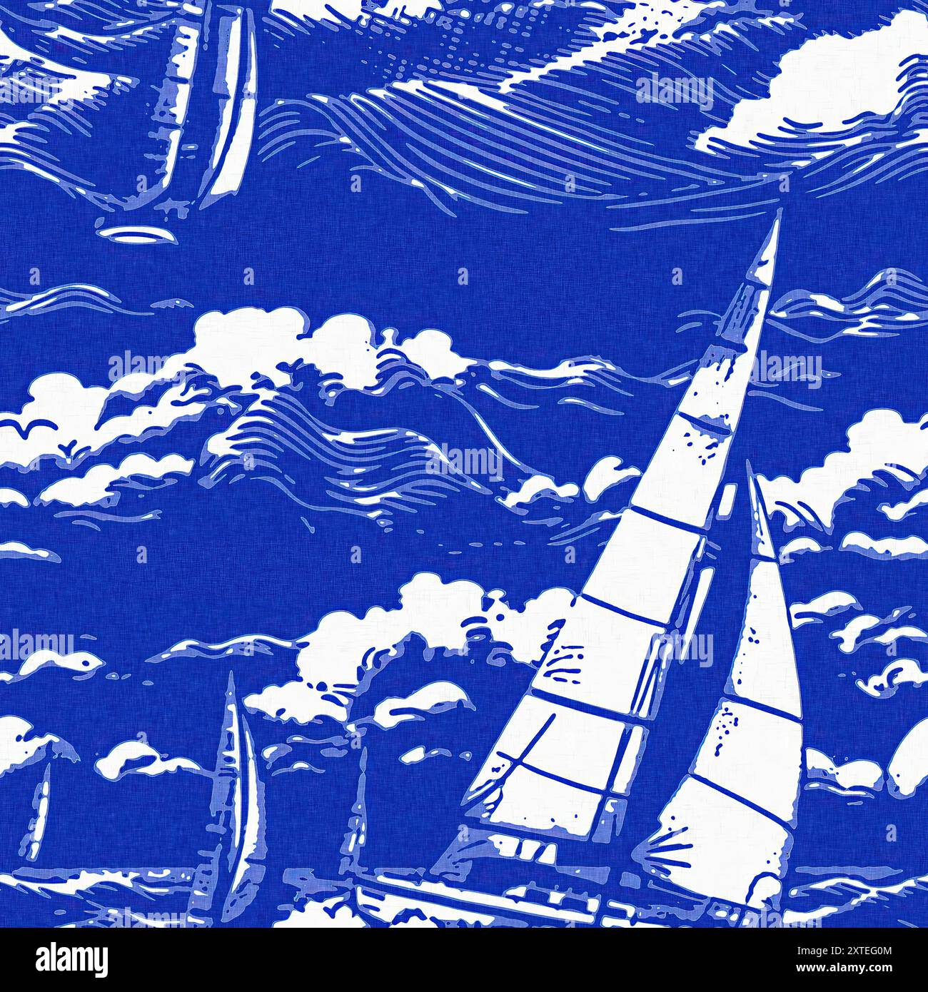 Coastal sail boat in azure ocean blue seamless background, Modern ...