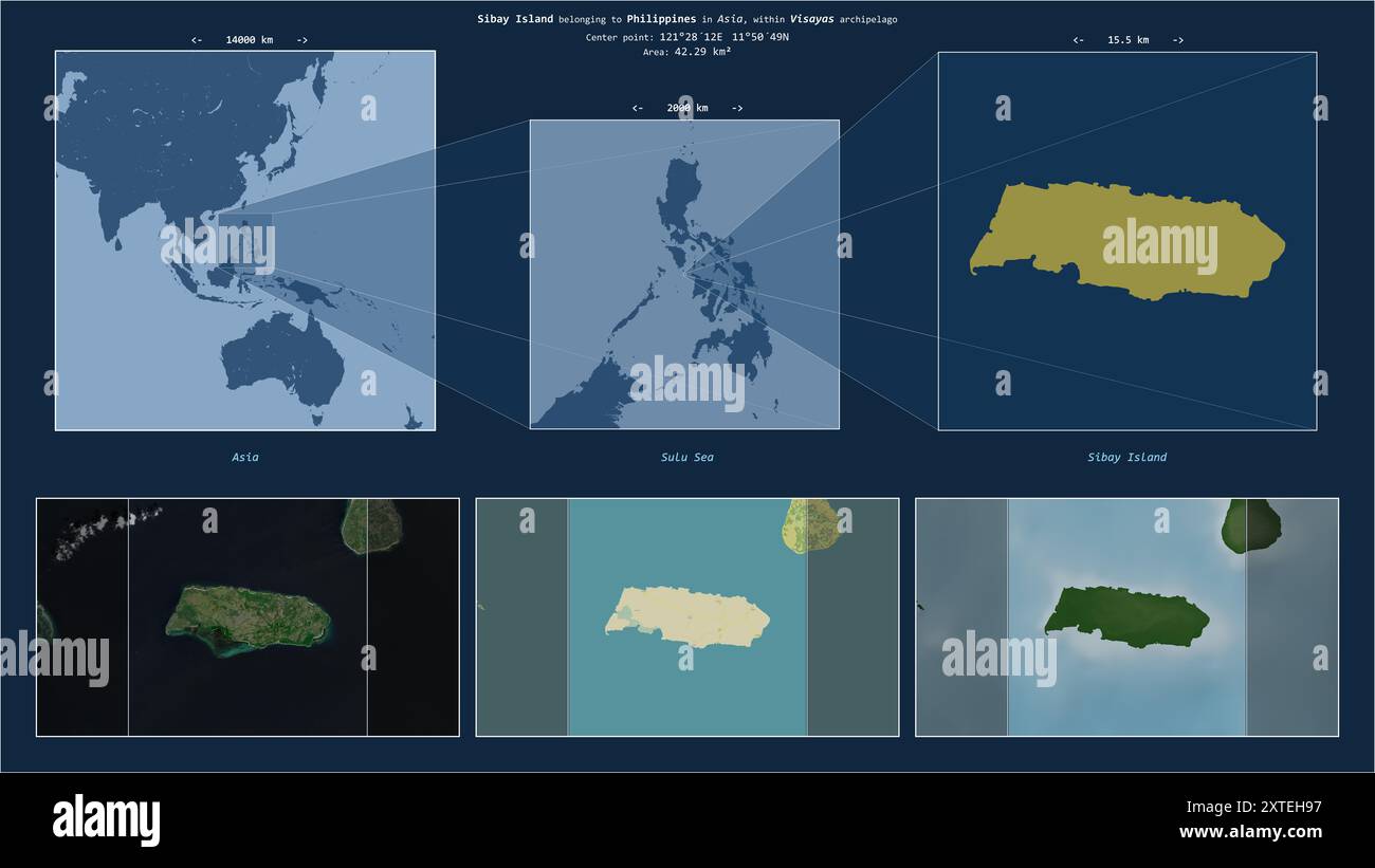 Sibay Island in the Sulu Sea - belonging to Philippines. Described location diagram with yellow ...