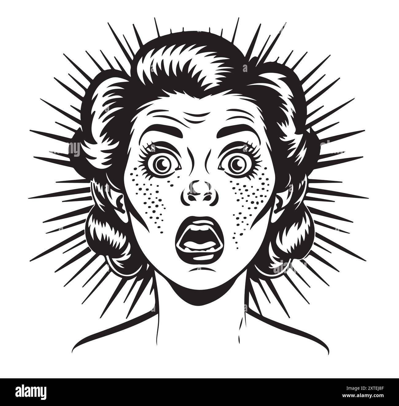 Closeup Portrait Of A Panic Girl With Anxious But Funny Face Concept Card Character Illustration