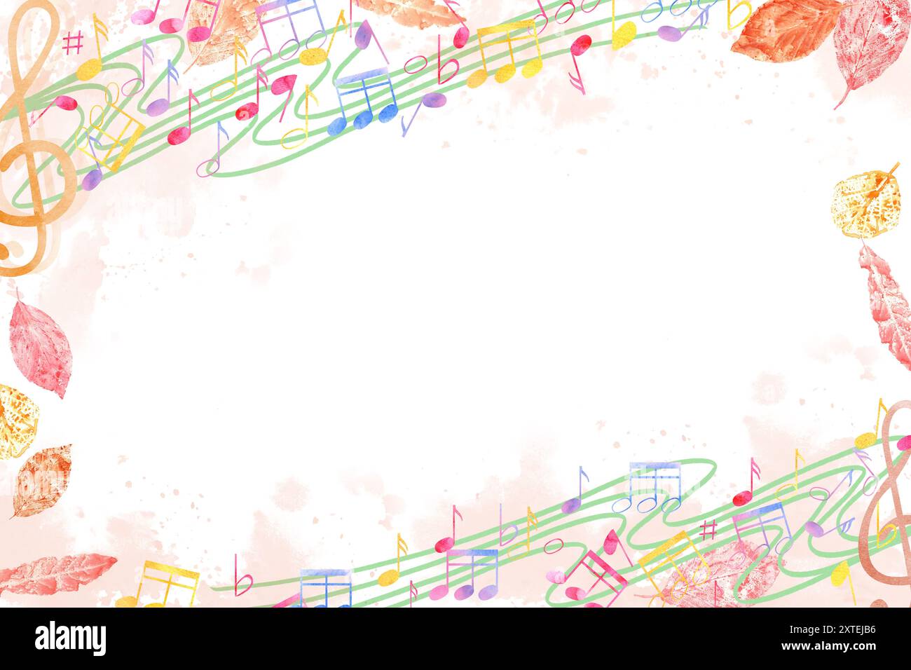 Autumn horizontal frame. Musical notes and orange yellow leaves on ...