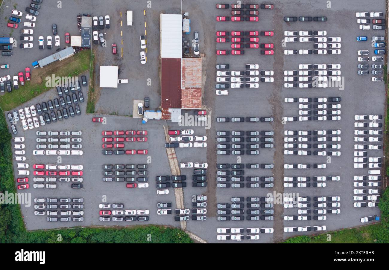 Many new cars in parking above top view ar dealer Stock Photo - Alamy