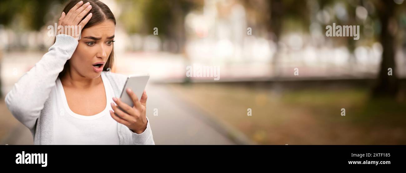 Shocked Girl With Smartphone Reading Bad News Message Standing Outside ...