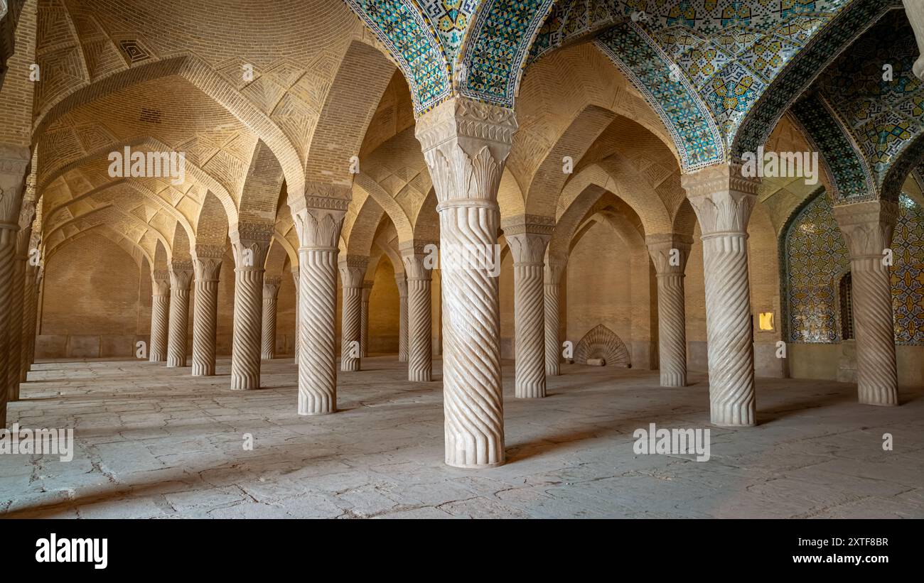Shiraz, Iran - 4 May 2019: The prayer hall of Vakil Mosque with columns ...