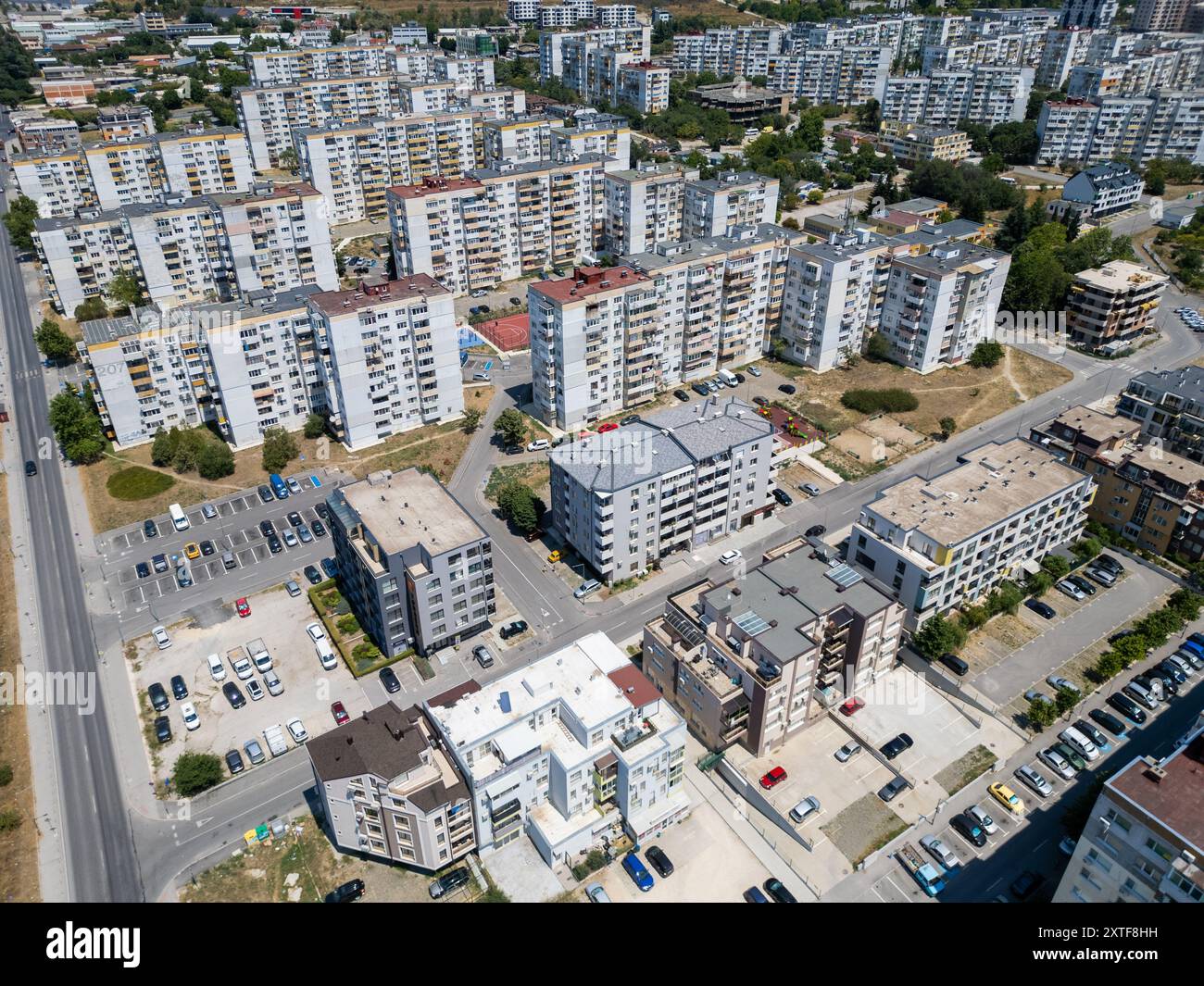 Aerial view of a densely populated urban area with rows of residential ...