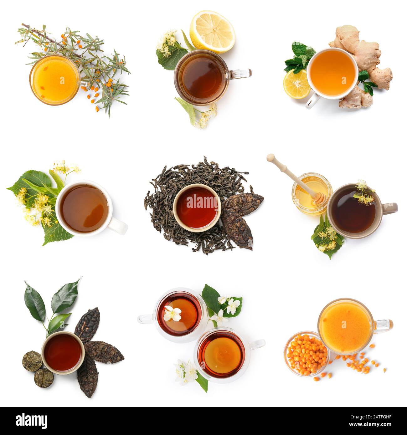 Set of cups with different kinds of tea on white background, top view ...